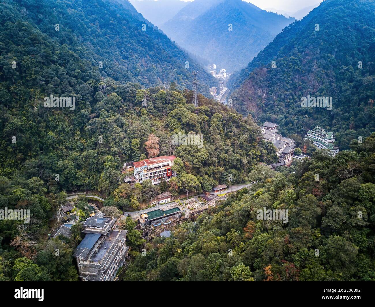 Aerial photography of forest mountain stream buildings in Longsheng ...