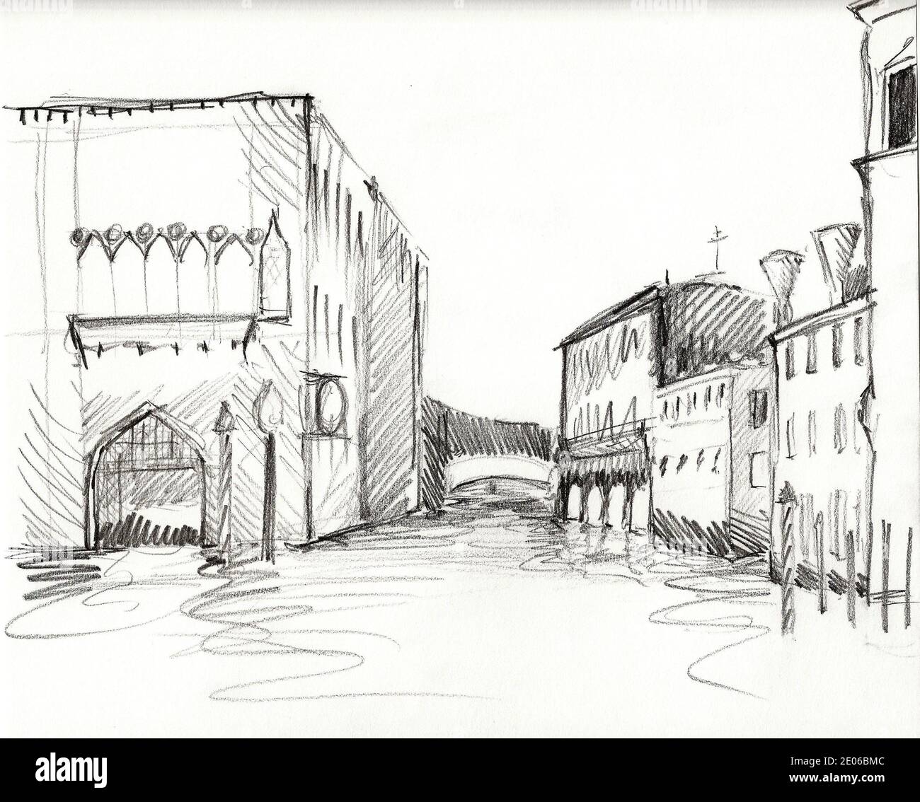 Hand drawn pencil sketch of a scene in Venice, Italy Stock Photo - Alamy