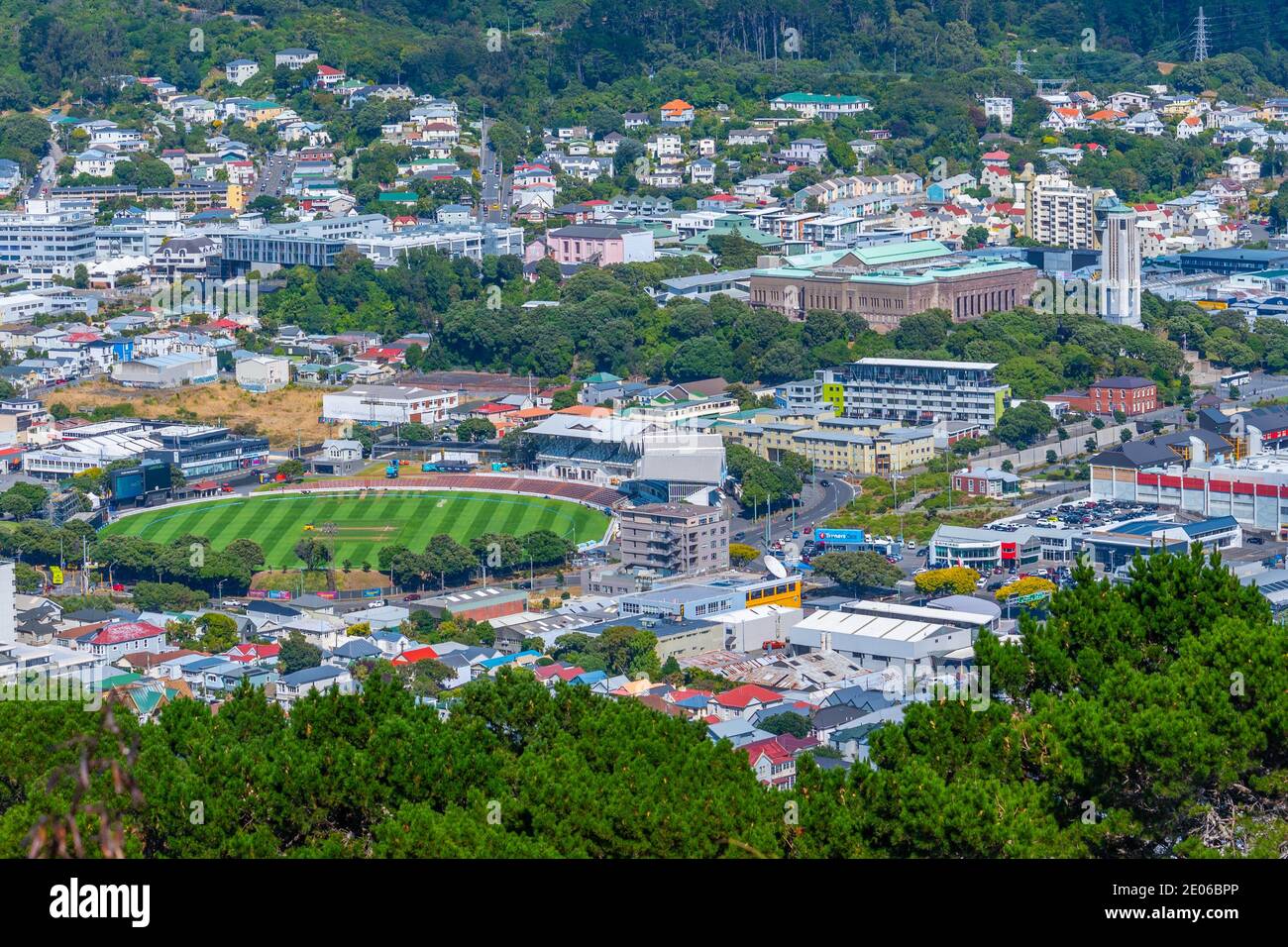 WELLINGTON, NEW ZEALAND, FEBRUARY 9, 2020: Aerial view of Basin reserve ...
