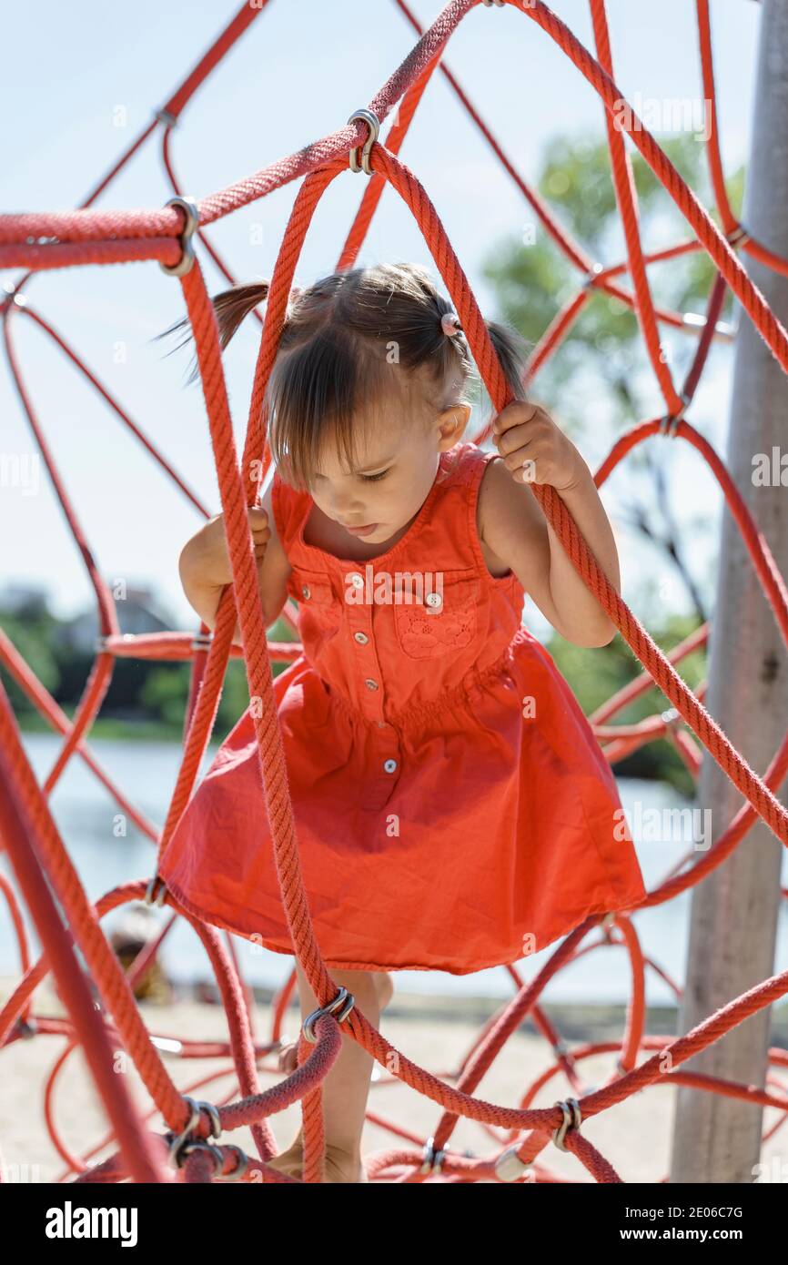 little girl in a red dress climbing rope spider's web in outdoor ...