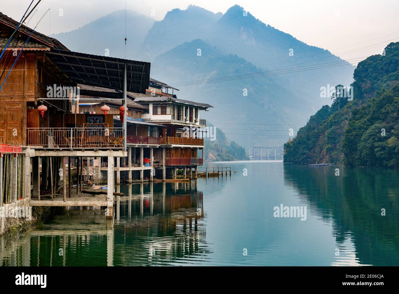 Scenery of rivers, green mountains and riverside towns in Guilin ...