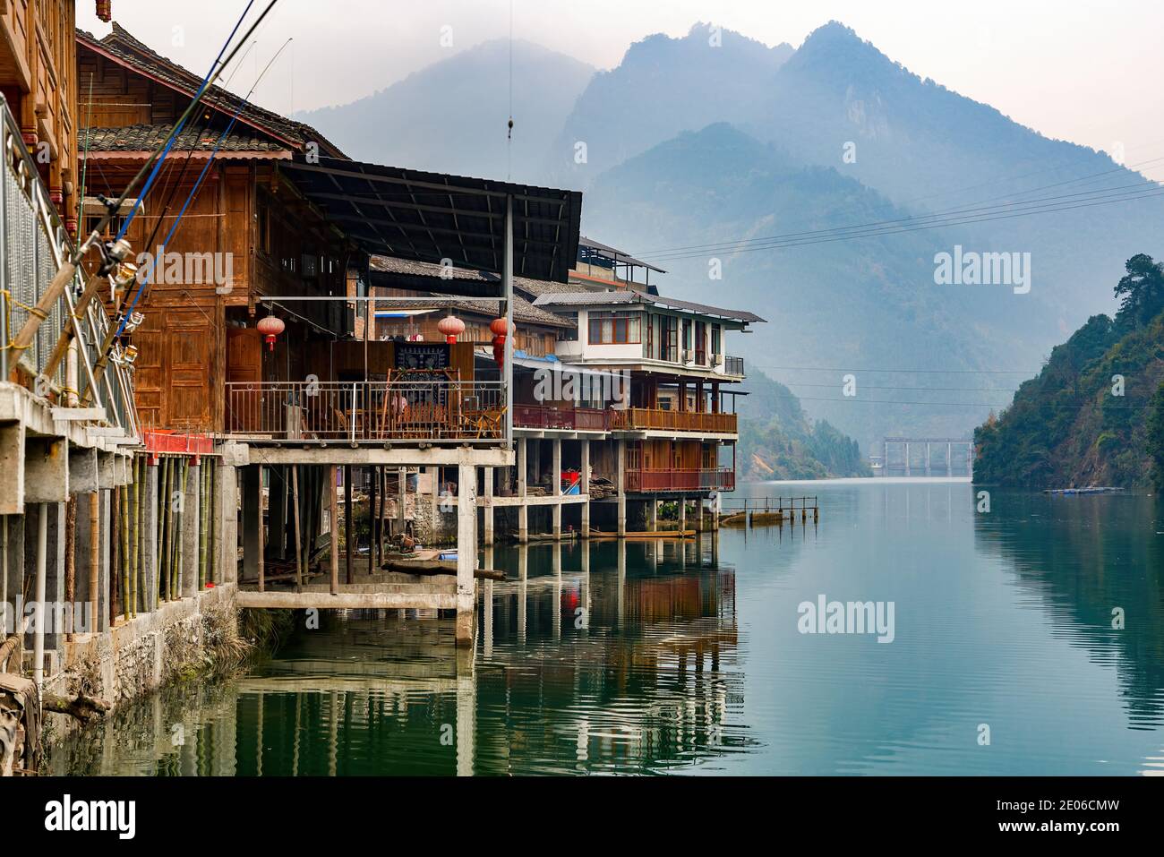 Scenery of rivers, green mountains and riverside towns in Guilin ...