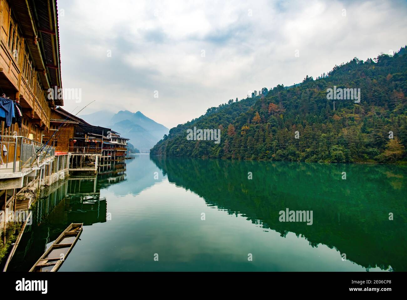 Scenery of rivers, green mountains and riverside towns in Guilin ...