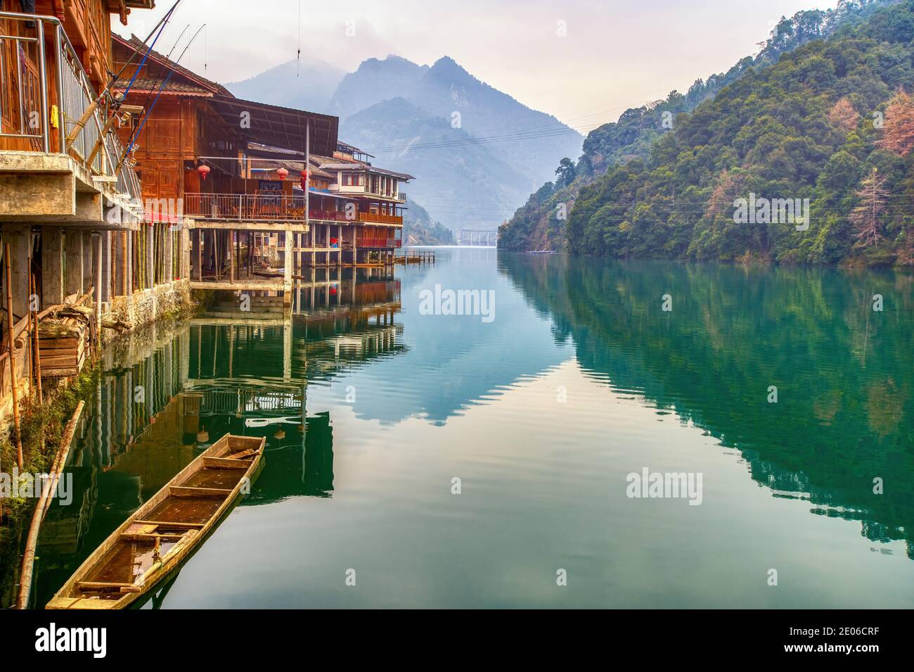 Scenery of rivers, green mountains and riverside towns in Guilin ...