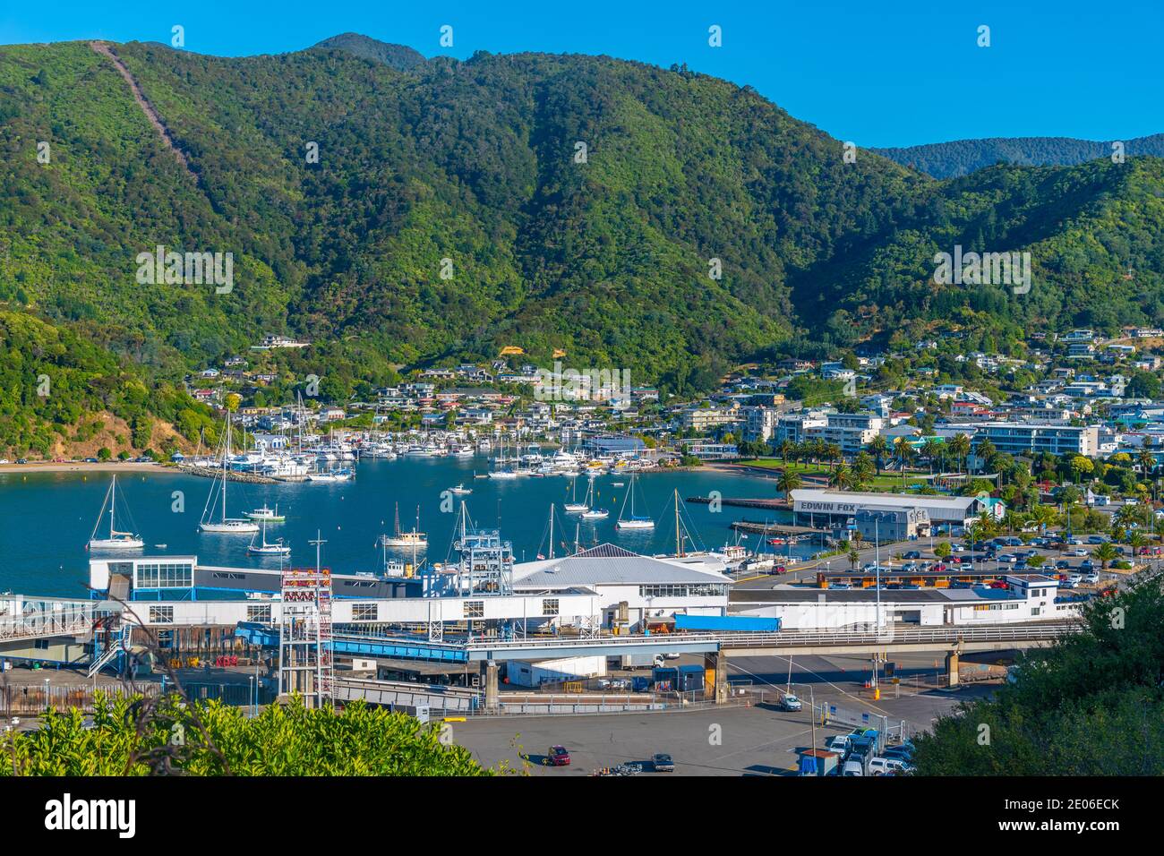 PICTON, NEW ZEALAND, FEBRUARY 7, 2020: Aerial view of ferry terminal in ...