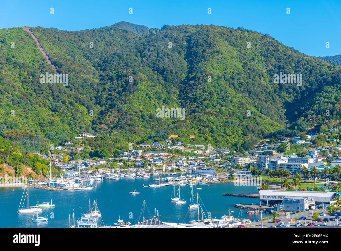 PICTON, NEW ZEALAND, FEBRUARY 7, 2020: Aerial view of ferry terminal in ...
