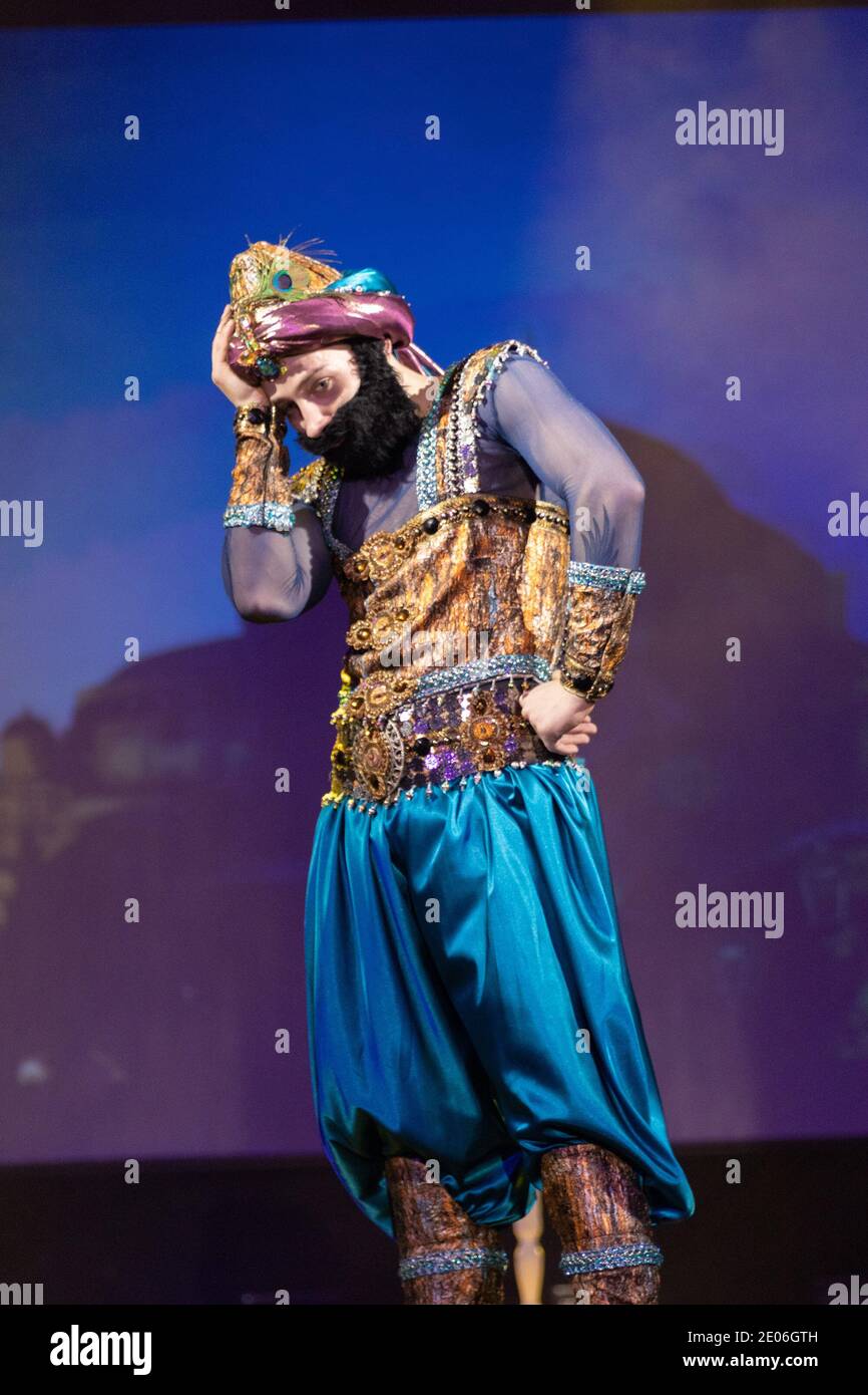 Dancers actors in Oriental Bellydance costumes perform in theater on ...