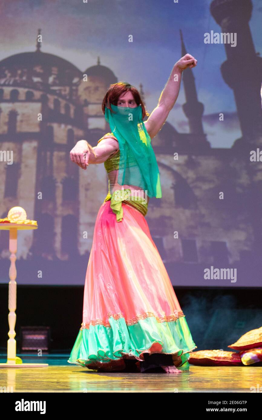 Dancers actors in Oriental Bellydance costumes perform in theater on ...