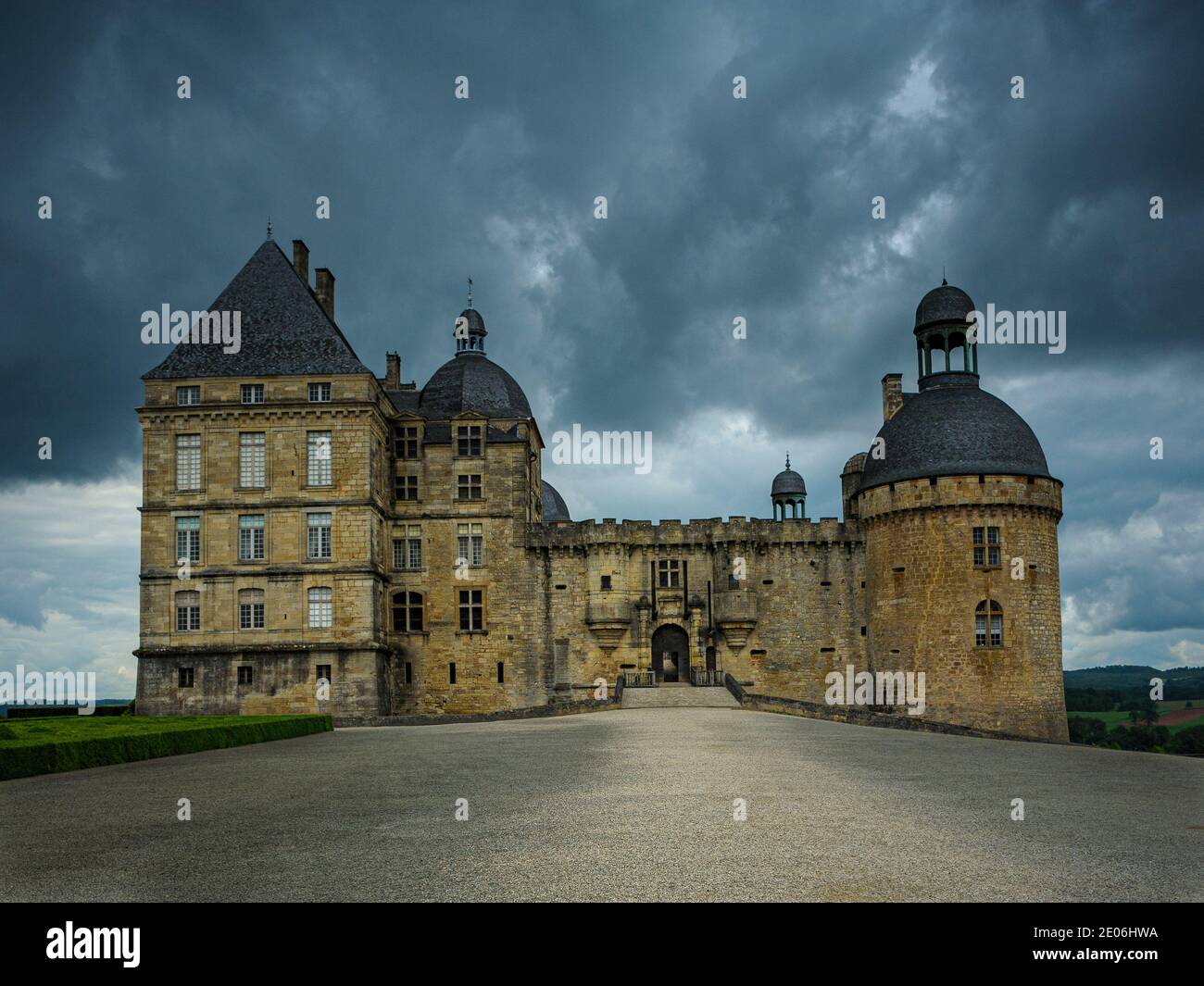 General view of the castle of Hautefort in the Perigord in the ...