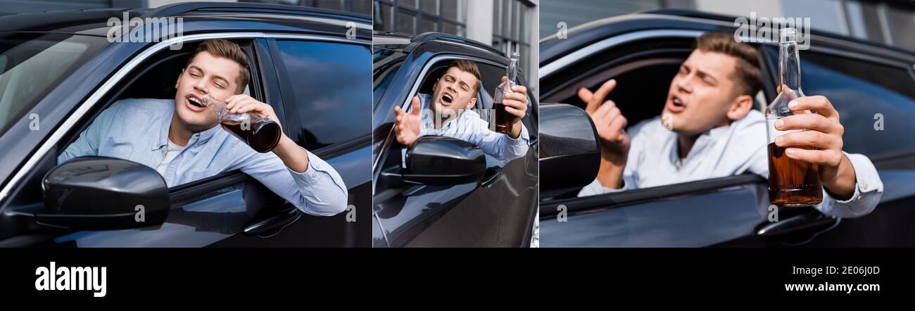 collage of drunk man holding bottle of whiskey, shouting and showing ...