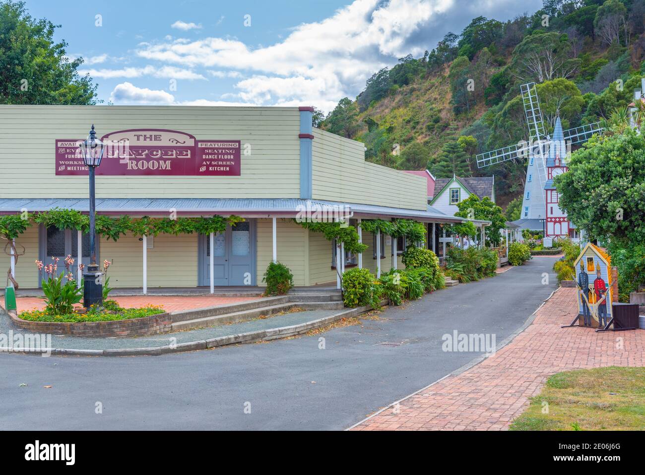 NELSON, NEW ZEALAND, FEBRUARY 5, 2020: Historial church and windmill at ...