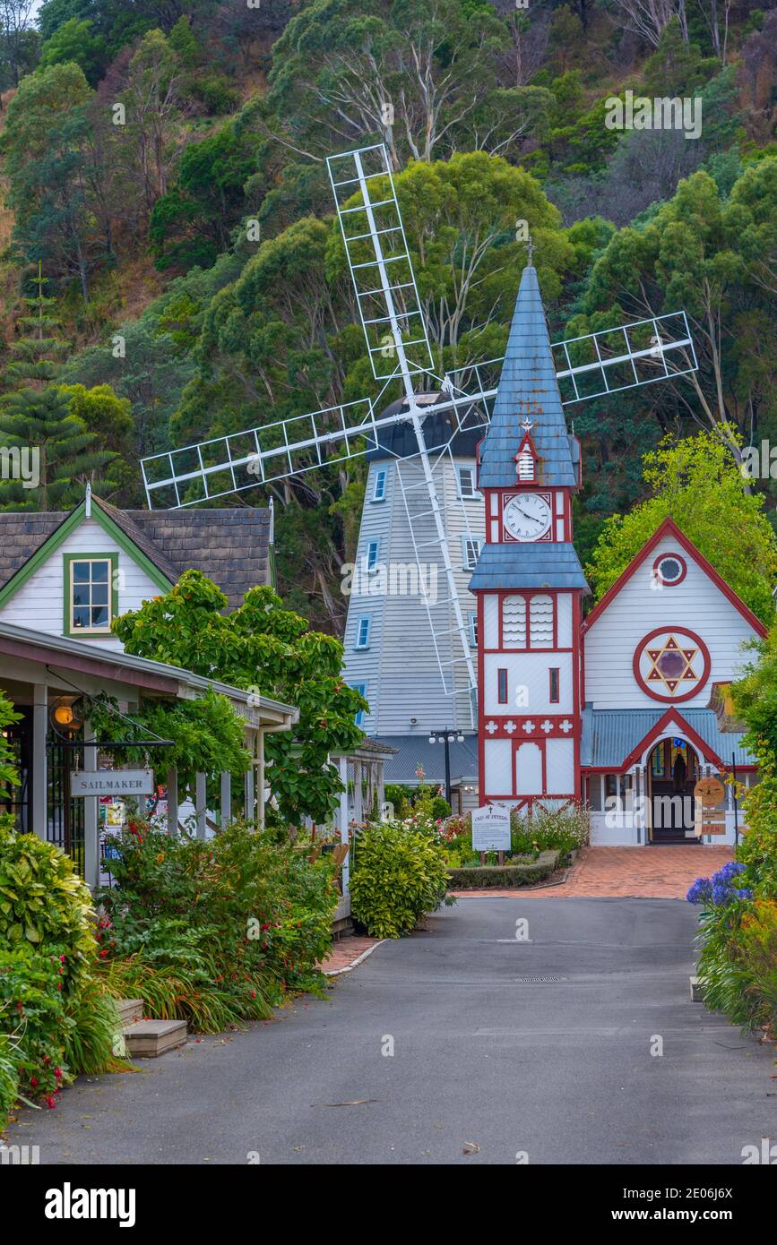 NELSON, NEW ZEALAND, FEBRUARY 5, 2020: Historial church and windmill at ...