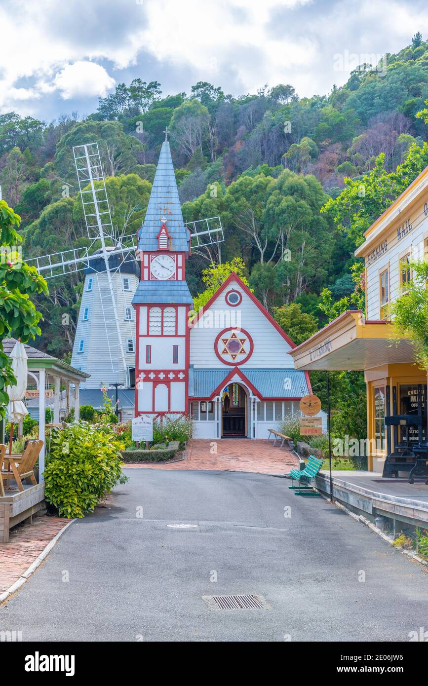 NELSON, NEW ZEALAND, FEBRUARY 5, 2020: Historial church and windmill at ...