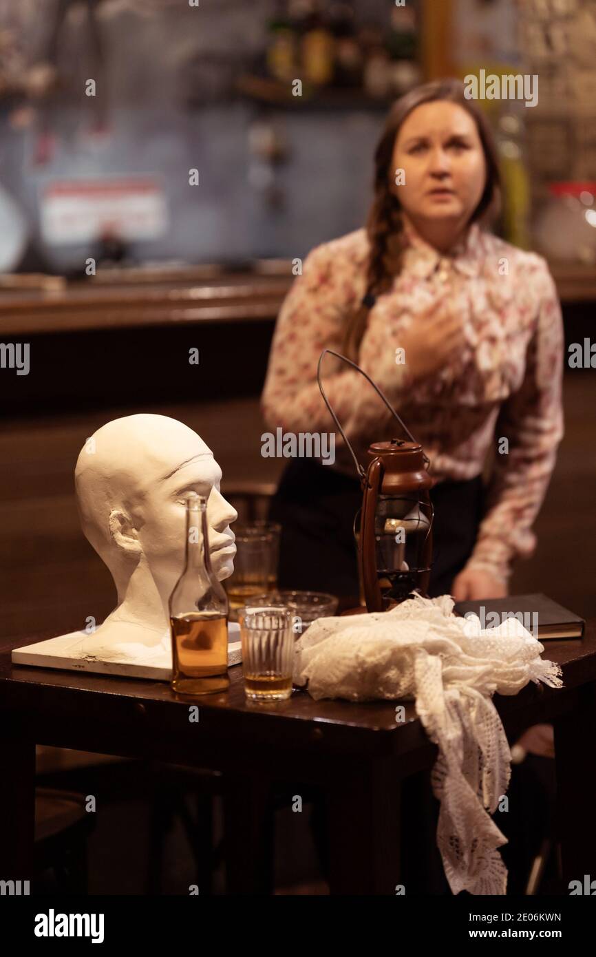 Actors and actresses play a modern interactive performance show in a ...