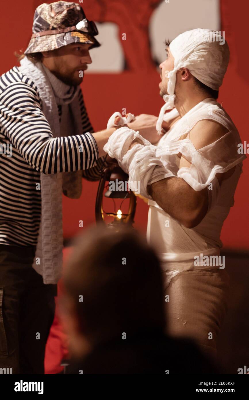 Actors and actresses play a modern interactive performance show in a ...