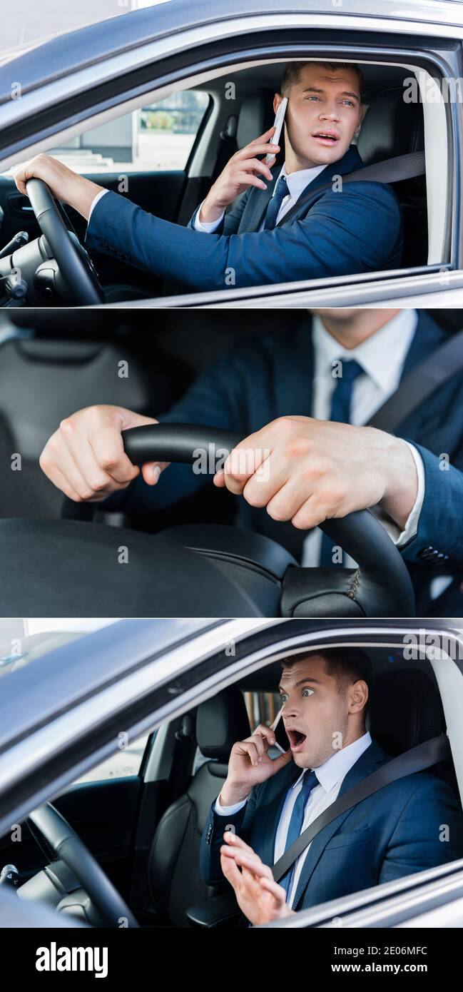 Collage of businessman talking on smartphone and driving car, banner ...