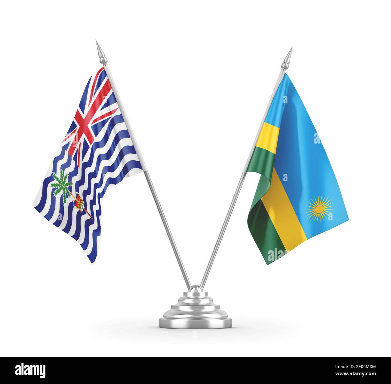 Rwanda and British Indian Territory table flags isolated on white ...