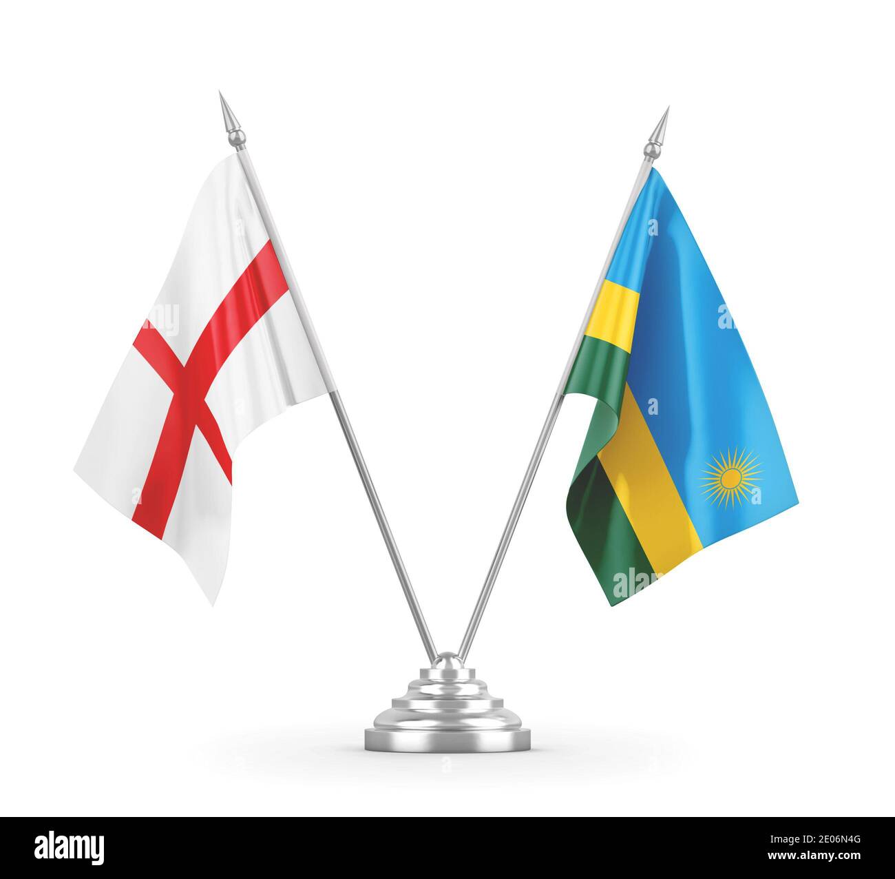 Rwanda and England table flags isolated on white background 3D ...