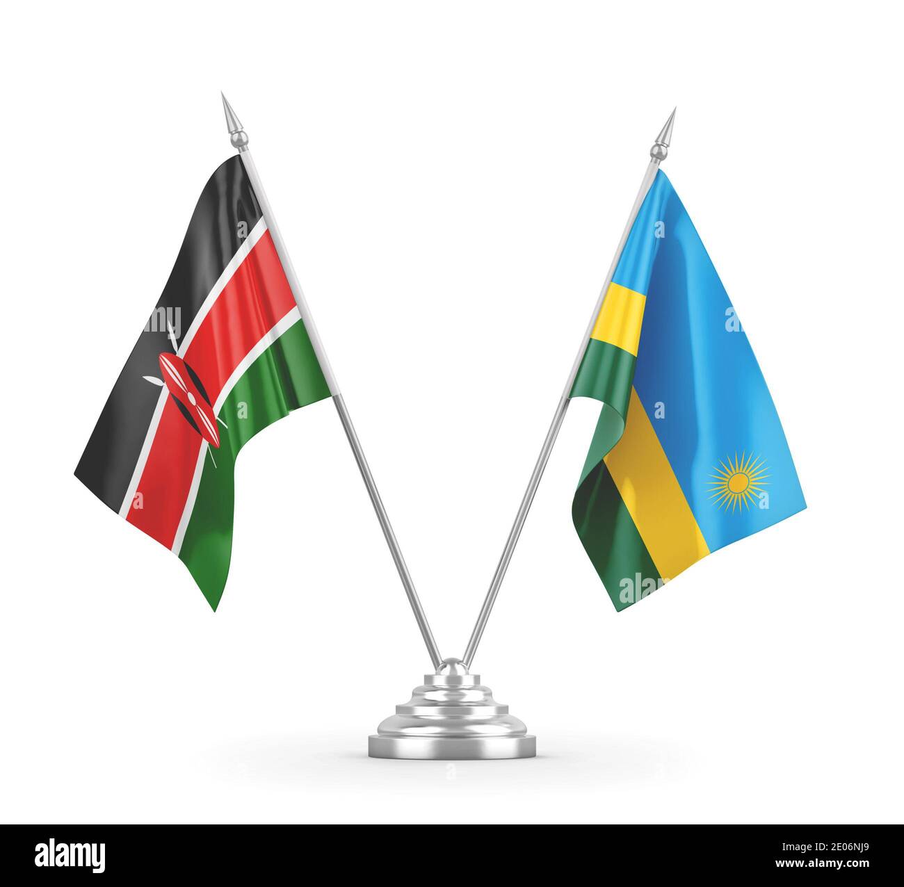Rwanda and Kenya table flags isolated on white background 3D rendering ...