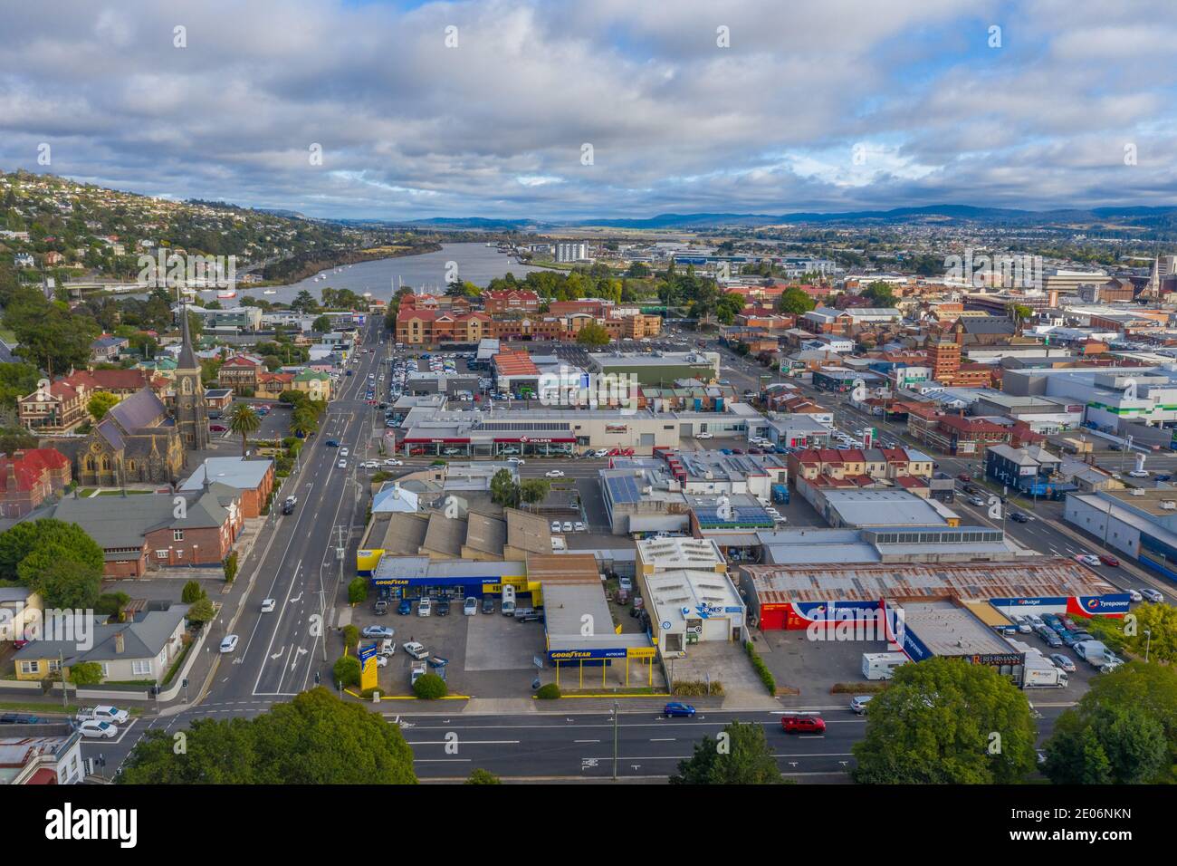 LAUNCESTON, AUSTRALIA, FEBRUARY 29, 2020: Aerial view of the city ...