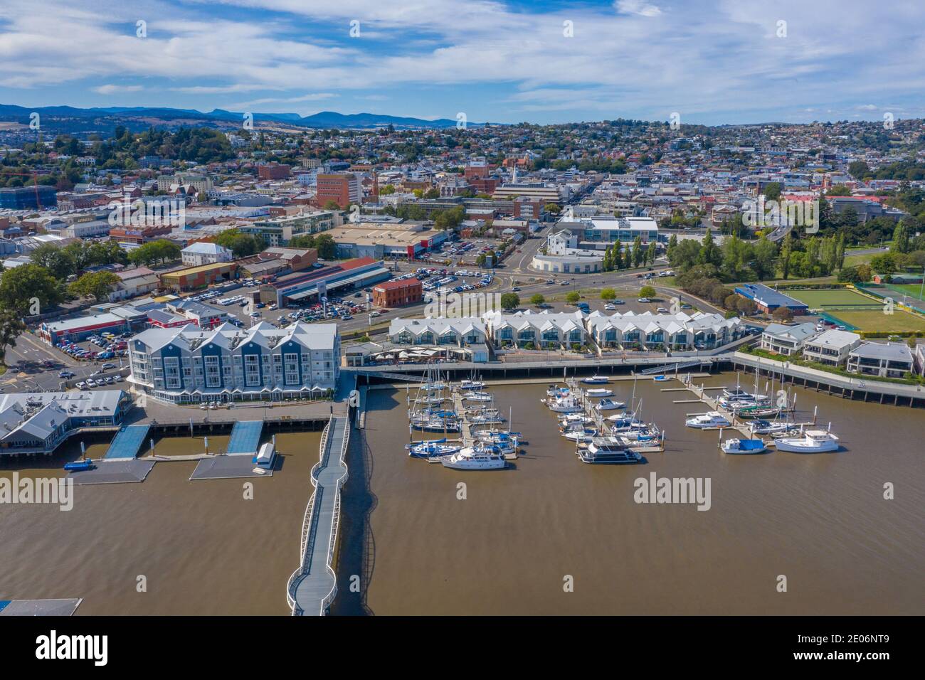 LAUNCESTON, AUSTRALIA, FEBRUARY 29, 2020: Aerial view of marina in ...
