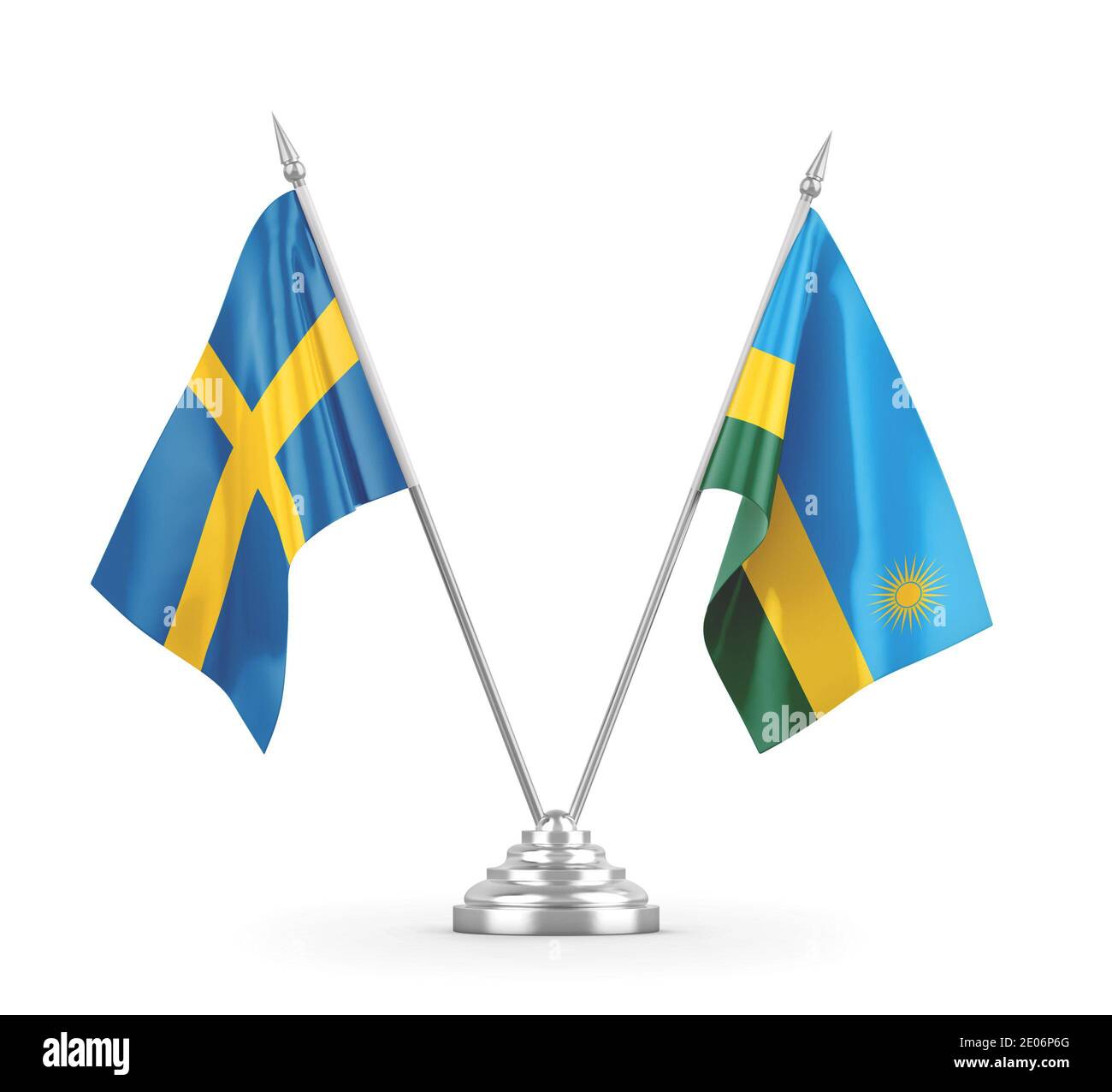 Rwanda and Sweden table flags isolated on white background 3D rendering ...