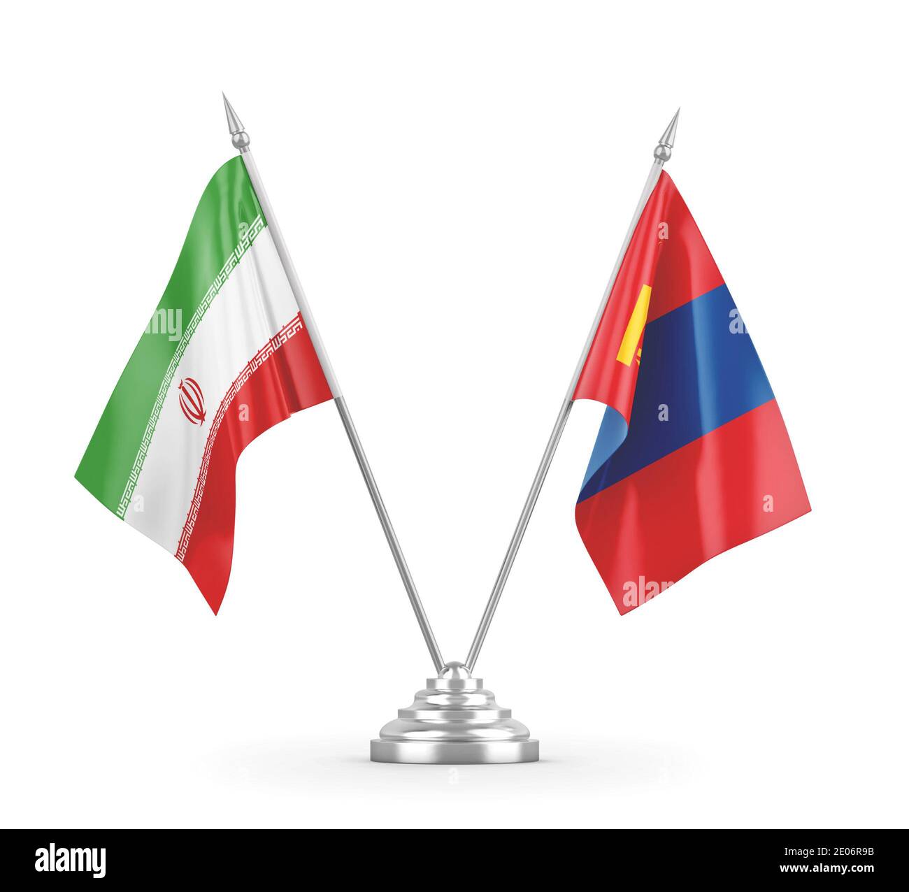 Mongolia and Iran table flags isolated on white background 3D rendering ...