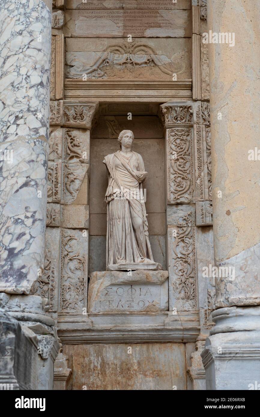 Statue on the Front of Celsus Library at Ephesus Stock Photo - Alamy
