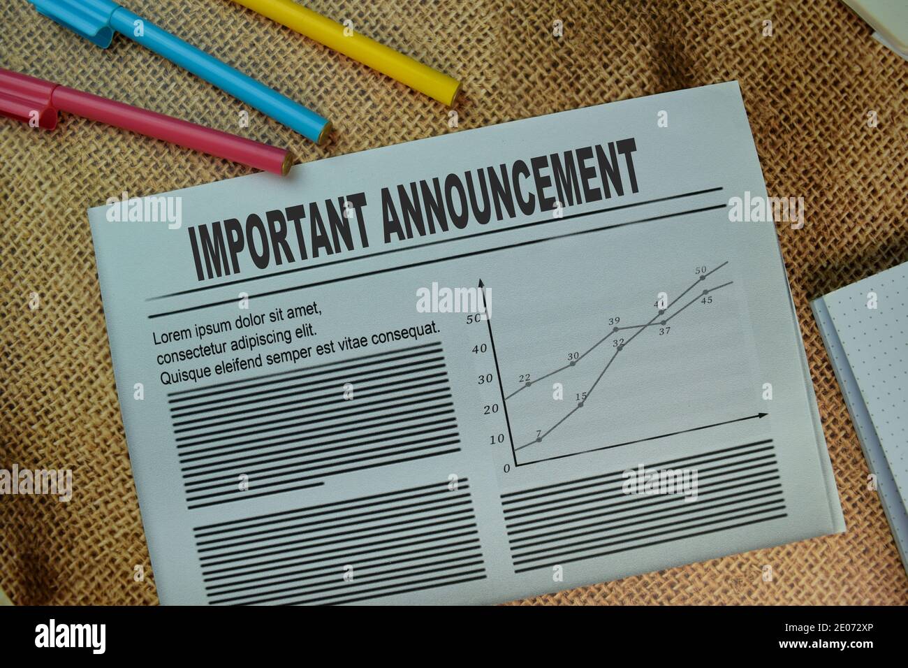 Important Announcement text in headline isolated on Brown burlap laying ...