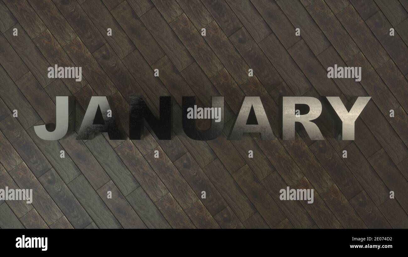 JANUARY - Realistic Metal Sign on Brown Wooden Floor. 3D illustration ...