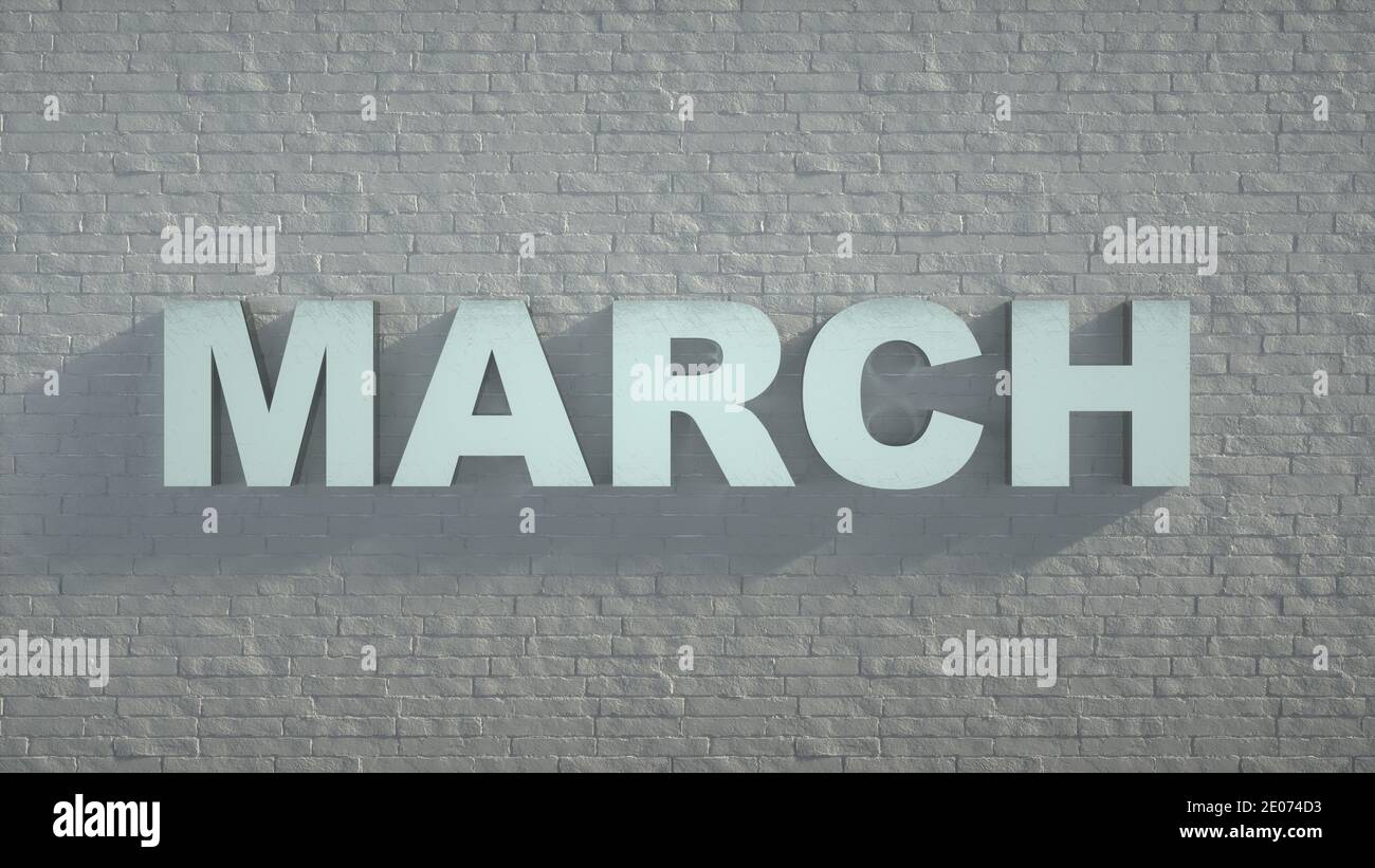 MARCH -Realistic Metal Sign on White Brick Wall background - 3D ...