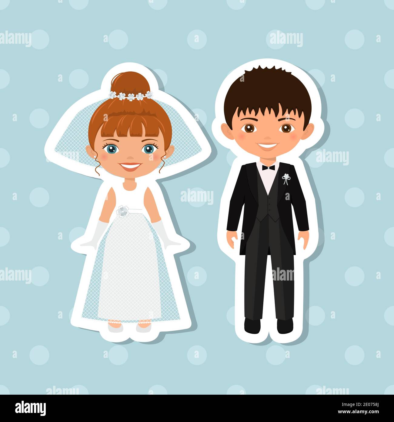 Sticker of wedding couple on blue background. Flat cartoon style ...