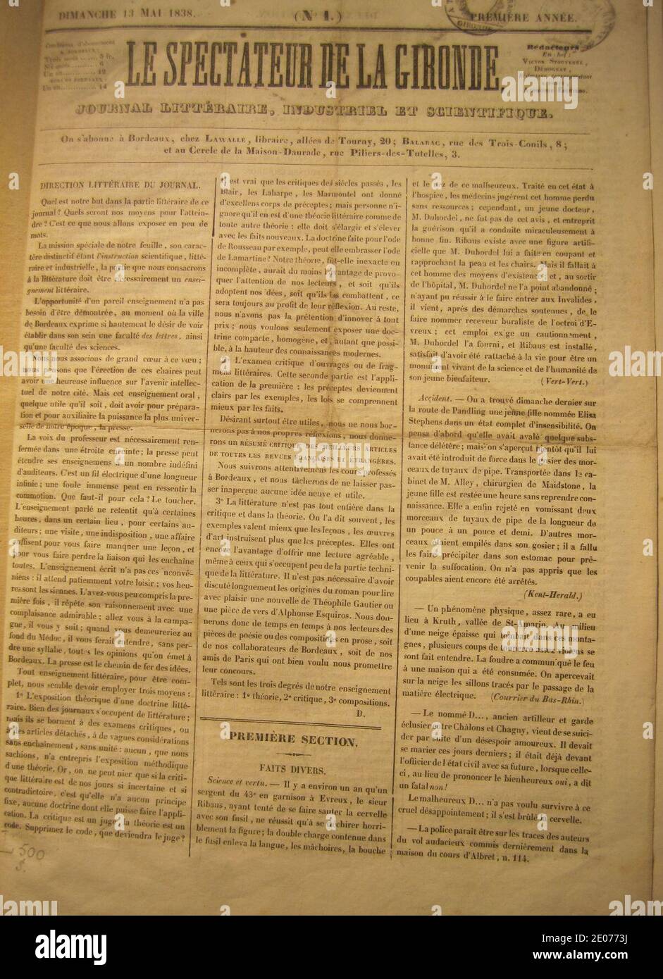 Le Spectateur de la Gironde n°1 13-05-1838 Stock Photo - Alamy