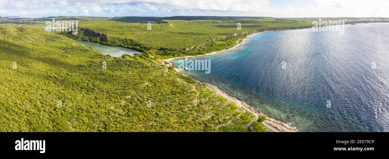 Aerial view above scenery of Curacao, Caribbean with ocean, coast ...
