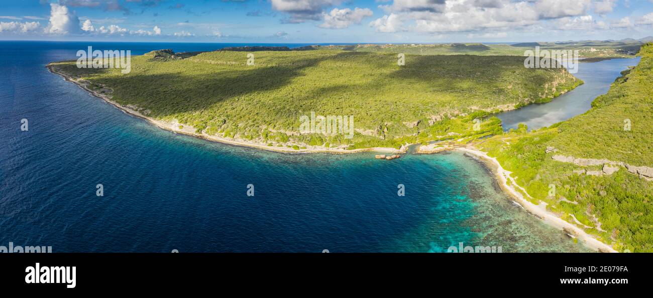 Aerial view above scenery of Curacao, Caribbean with ocean, coast ...