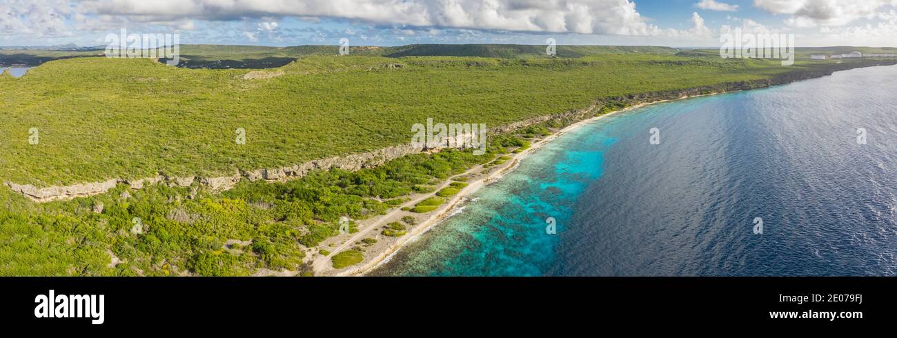 Aerial view above scenery of Curacao, Caribbean with ocean, coast ...