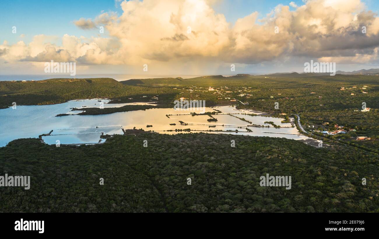Aerial view above scenery of Curacao, Caribbean with ocean, coast ...