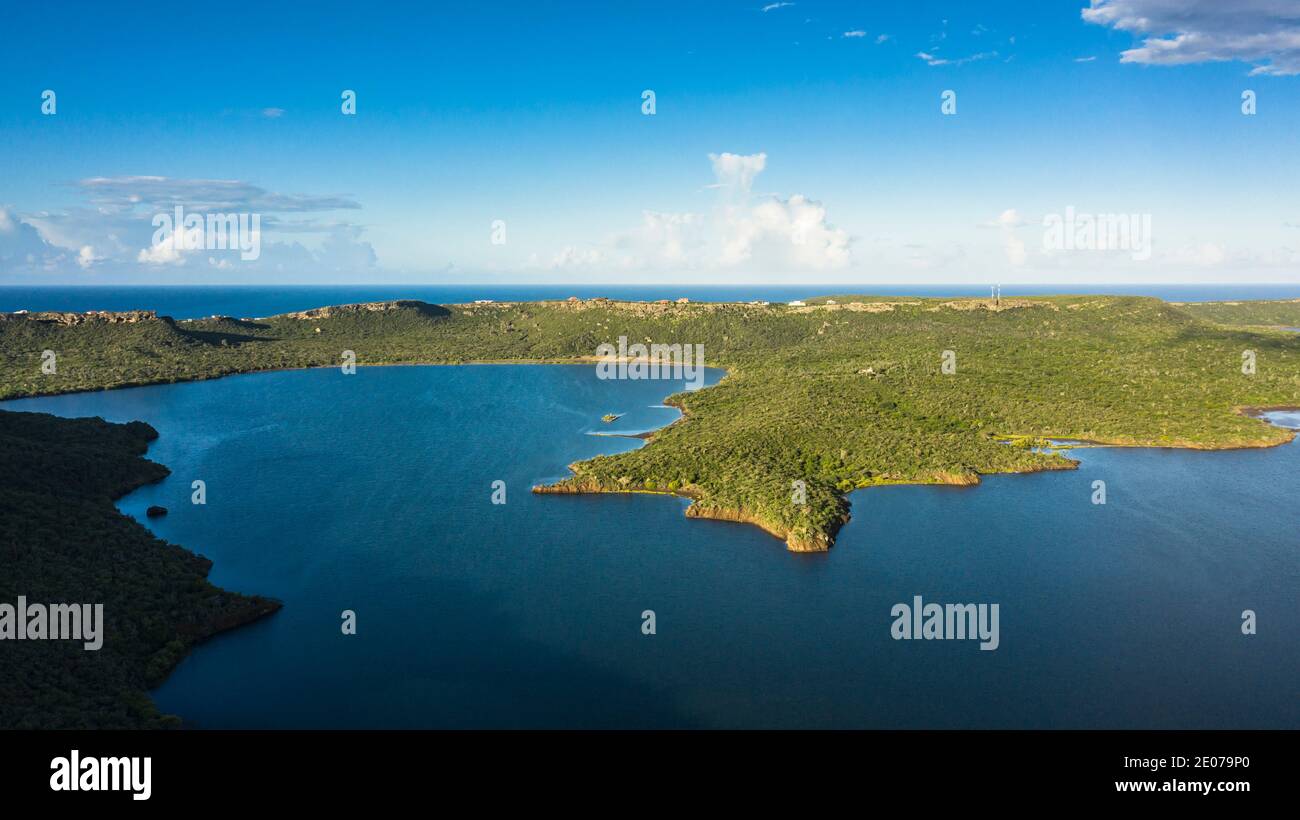 Aerial view above scenery of Curacao, Caribbean with ocean, coast ...