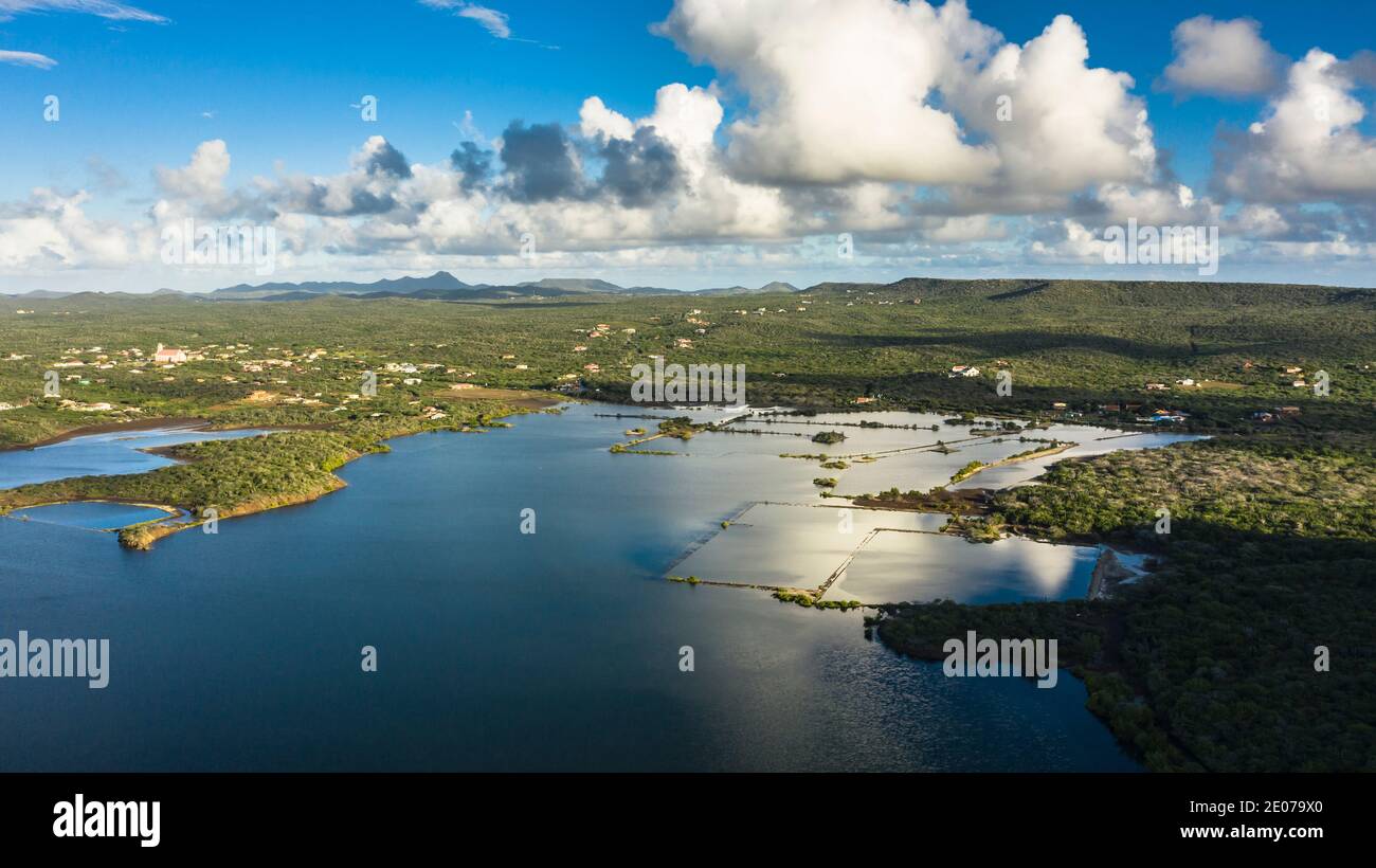 Aerial view above scenery of Curacao, Caribbean with ocean, coast ...