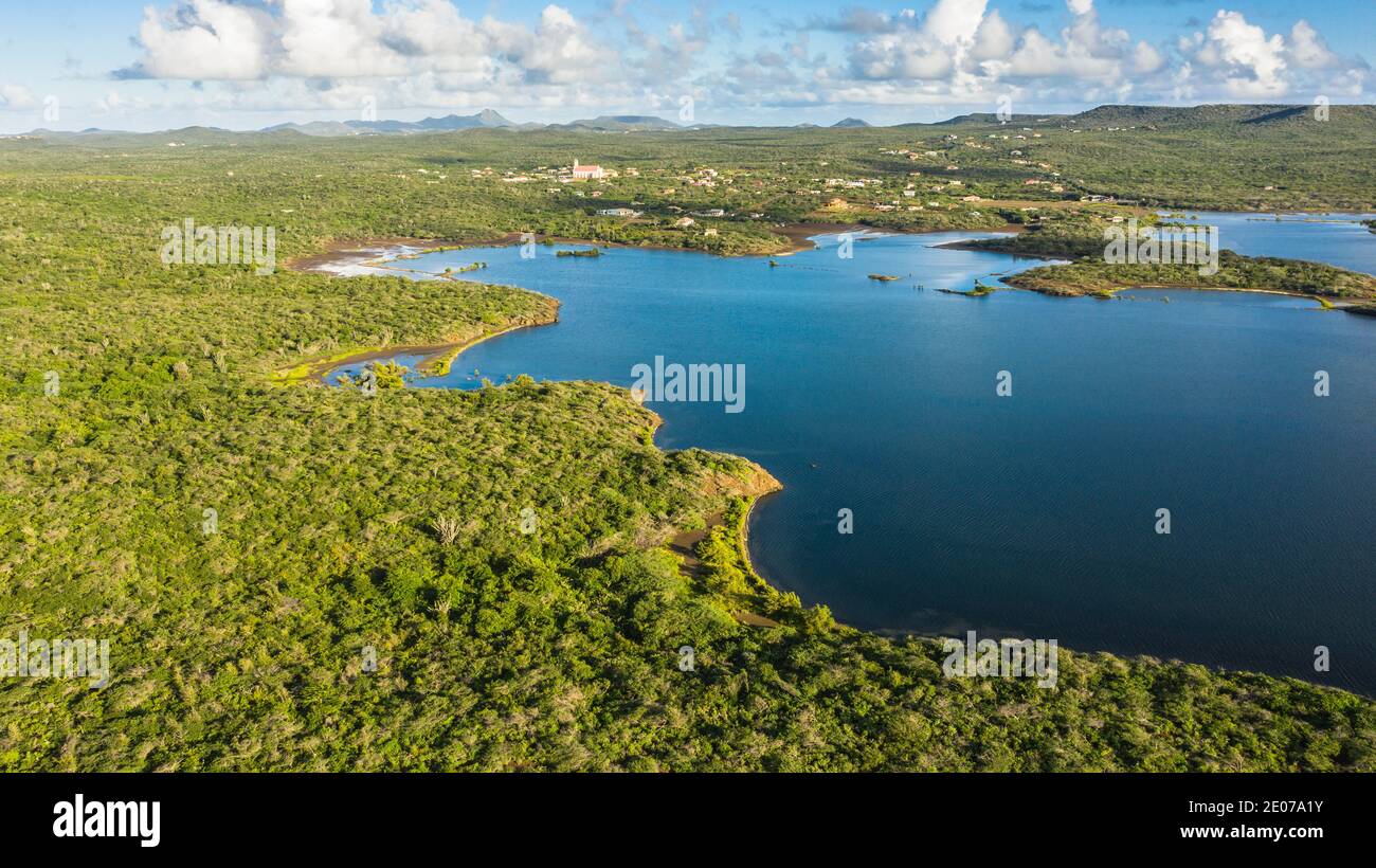 Aerial view above scenery of Curacao, Caribbean with ocean, coast ...