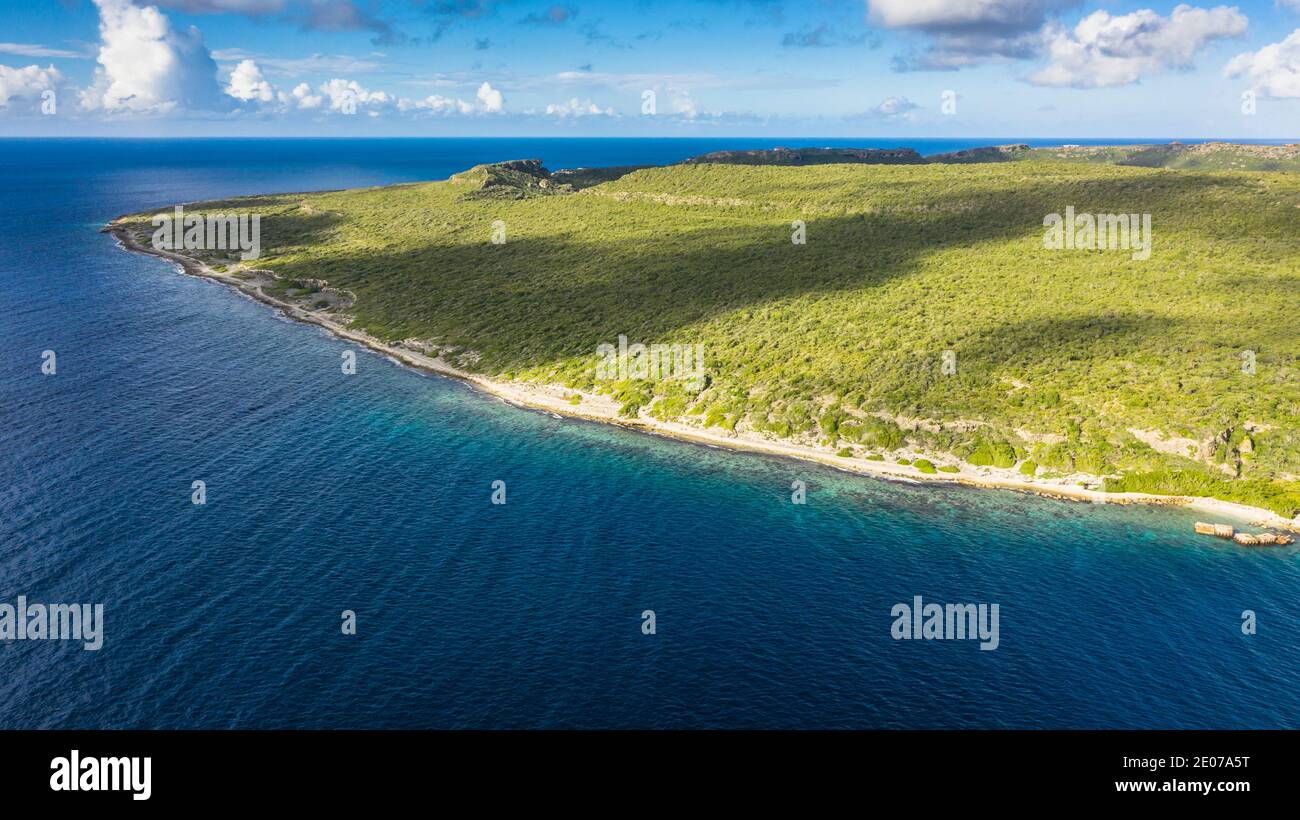 Aerial view above scenery of Curacao, Caribbean with ocean, coast ...