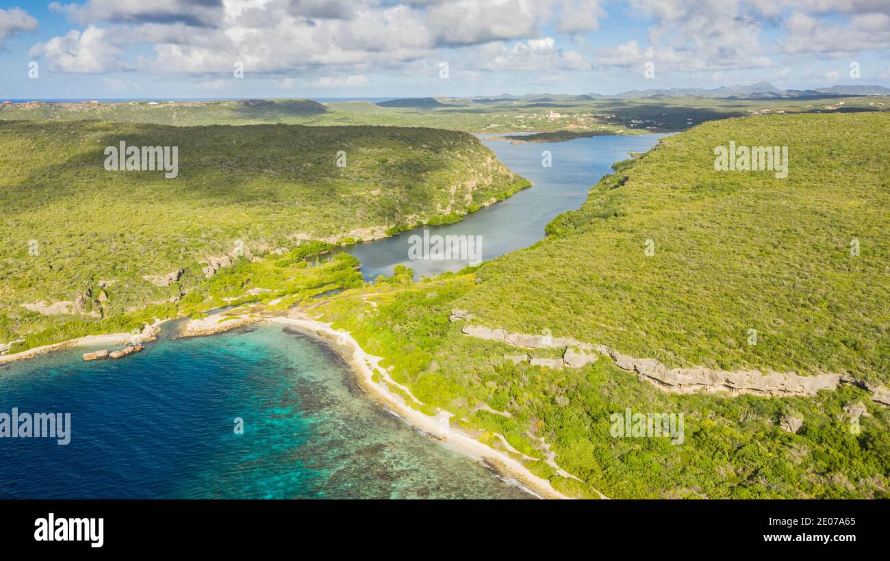 Aerial view above scenery of Curacao, Caribbean with ocean, coast ...