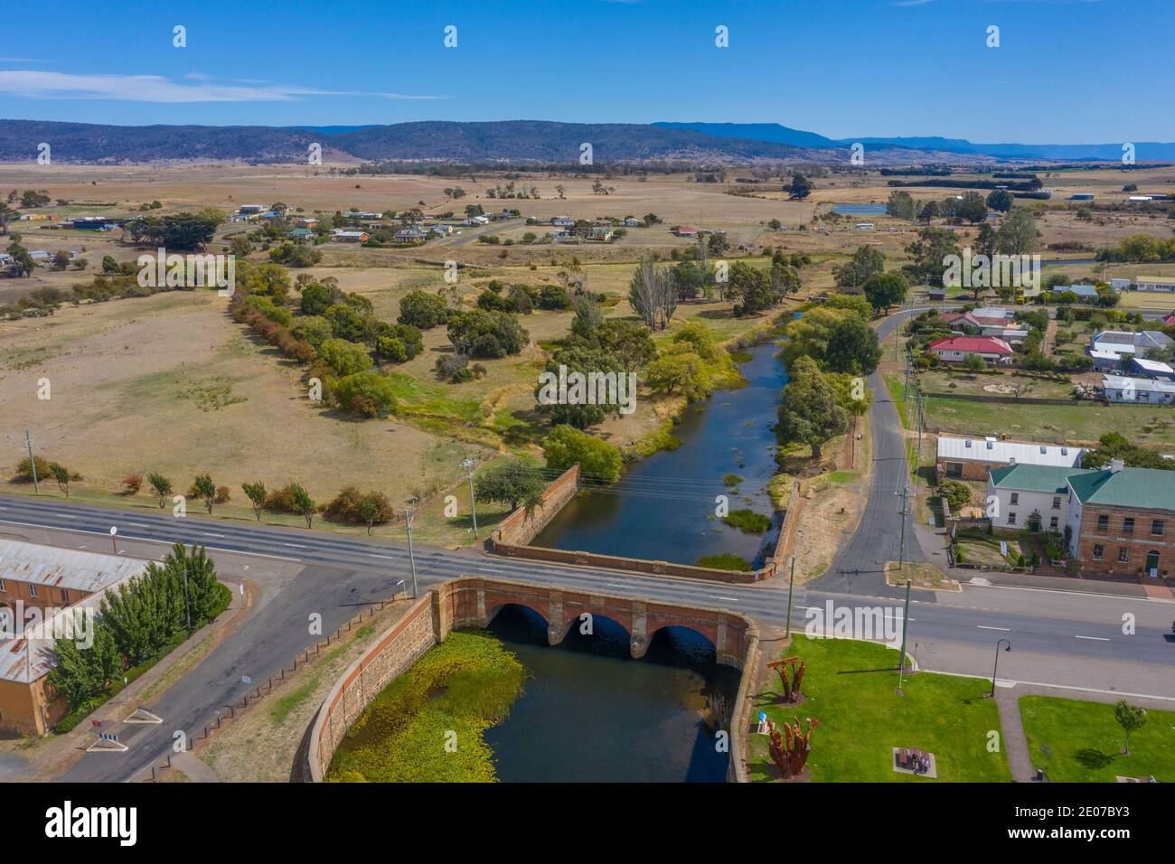 Aerial view of the red bridge in Campbell town in Tasmania, Australia ...