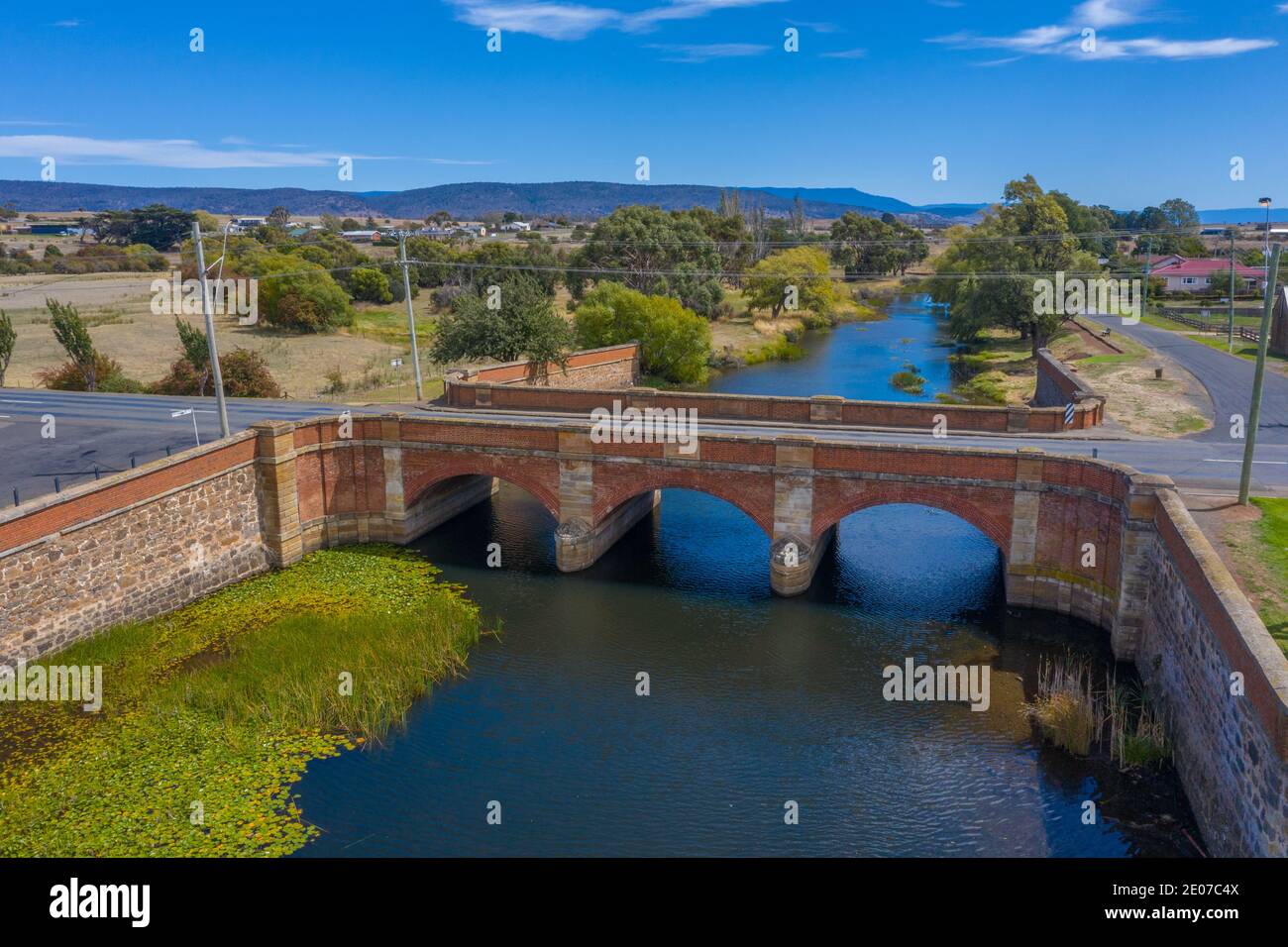 Aerial view of the red bridge in Campbell town in Tasmania, Australia ...