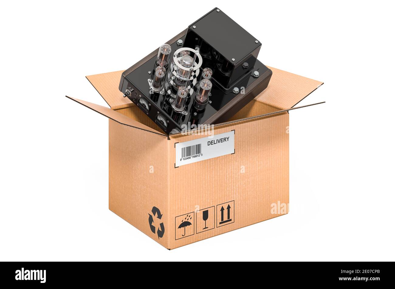 Electronic amplifier inside cardboard box, delivery concept. 3D ...