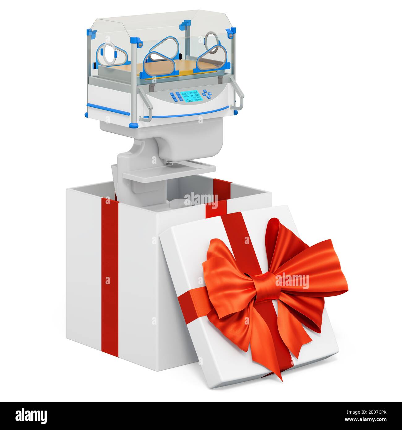 Neonatal incubator inside gift box, present concept. 3D rendering ...