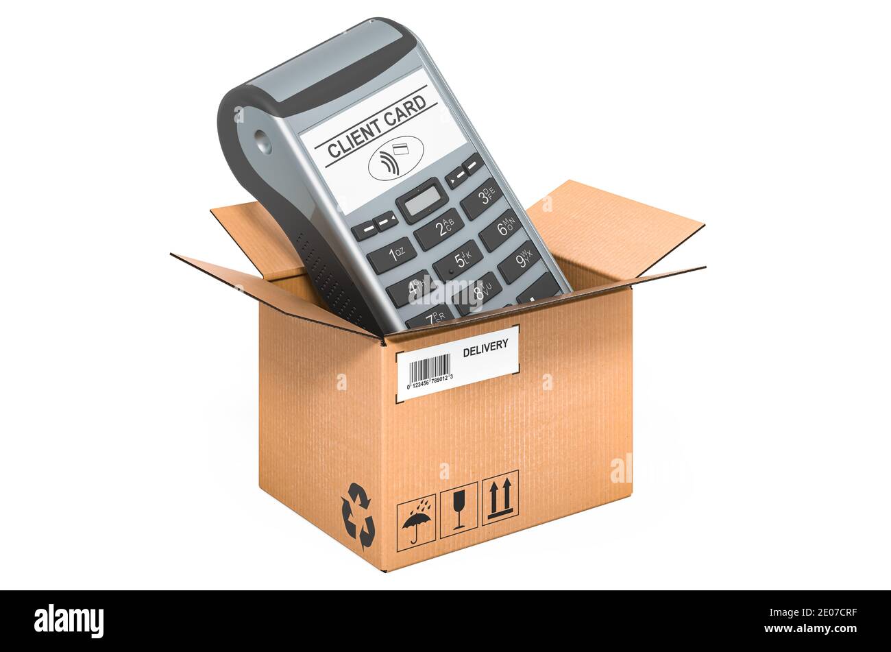 POS terminal, card reader inside cardboard box, delivery concept. 3D ...