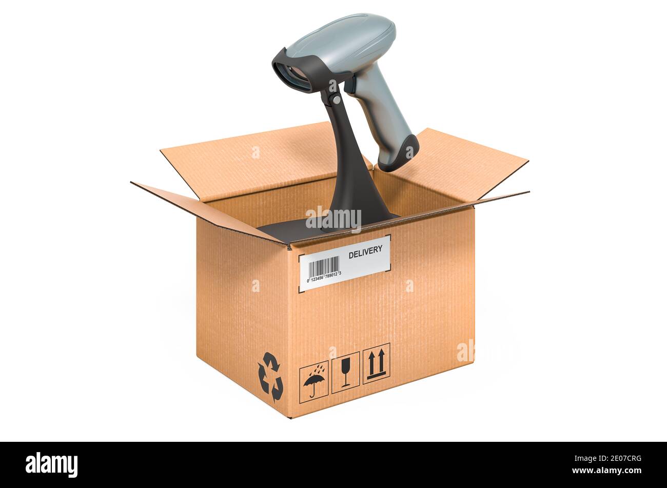 Bar code scanner inside cardboard box, delivery concept. 3D rendering ...
