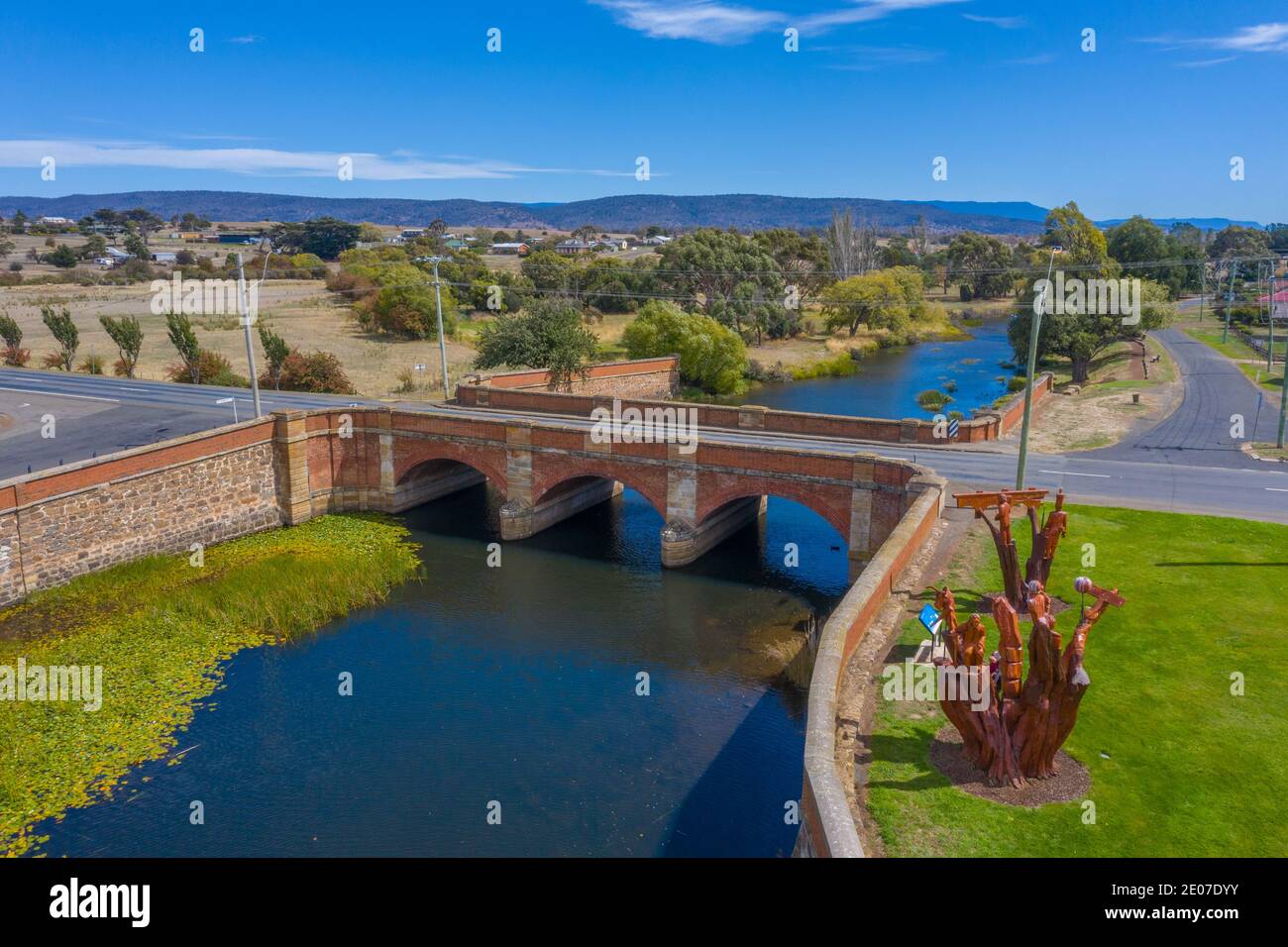 Aerial view of the red bridge in Campbell town in Tasmania, Australia ...