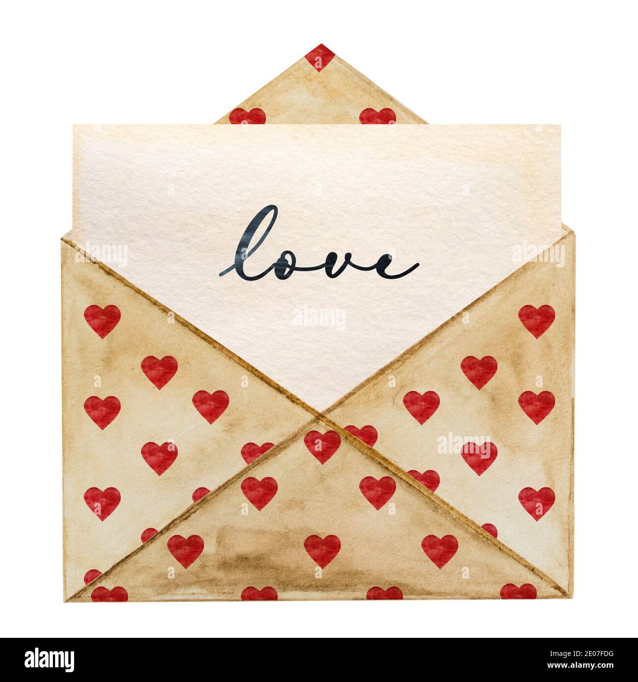 Beautiful watercolor drawing of a postal envelope and hearts. Closeup ...